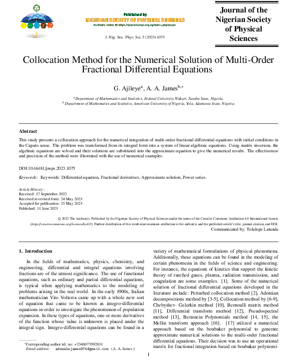 Pdf Collocation Method For The Numerical Solution Of Multi Order