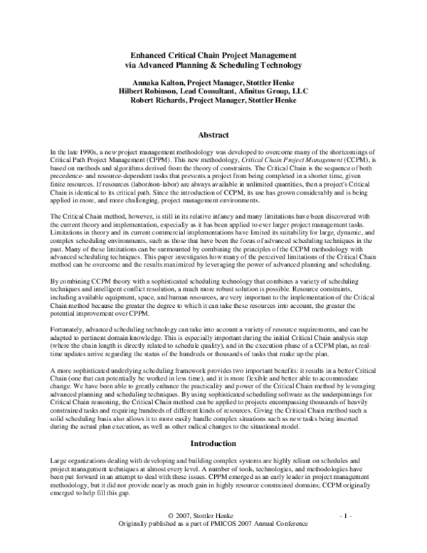 (PDF) Enhanced Critical Chain Project Management via Advanced Planning & Scheduling Technology