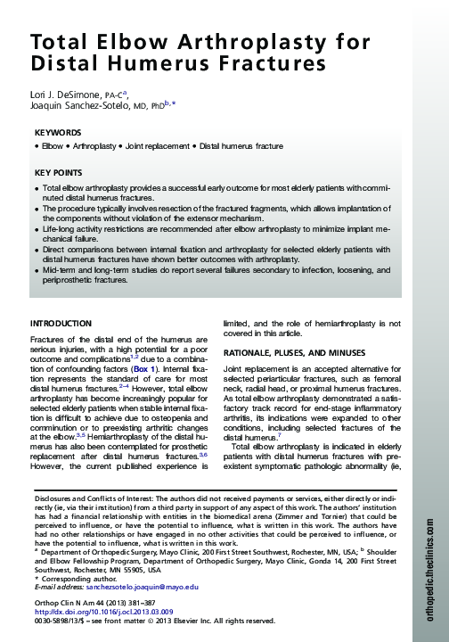 (PDF) Total Elbow Arthroplasty for Distal Humerus Fractures