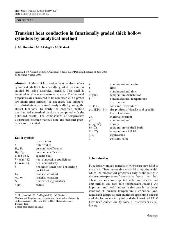 Pdf Transient Heat Conduction In Functionally Graded Thick Hollow
