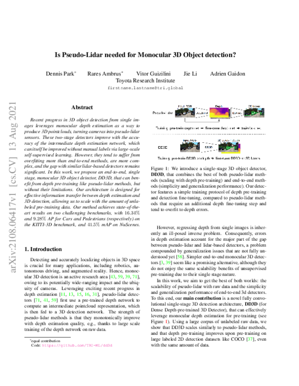 (PDF) Is Pseudo-Lidar needed for Monocular 3D Object detection?