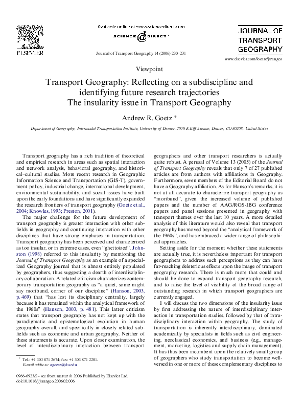 (PDF) Transport Geography: Reflecting on a subdiscipline and ...