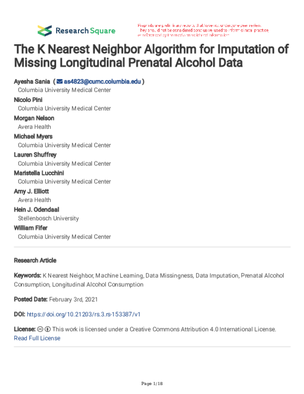 Pdf The K Nearest Neighbor Algorithm For Imputation Of Missing Longitudinal Prenatal Alcohol Data