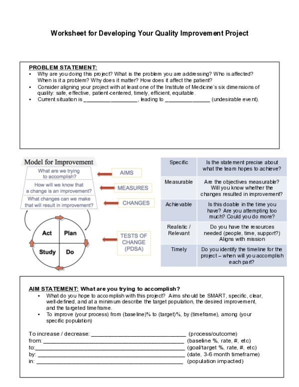 (PDF) Worksheet for Developing Your Quality Improvement Project