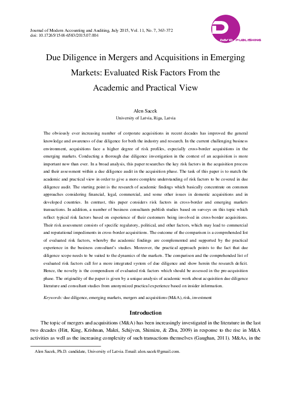 (PDF) Due Diligence in Mergers and Acquisitions in Emerging Markets ...