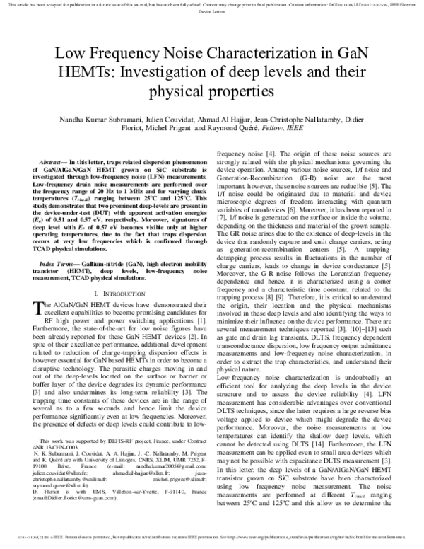 (PDF) Low-Frequency Noise Characterization in GaN HEMTs: Investigation of Deep Levels and Their ...