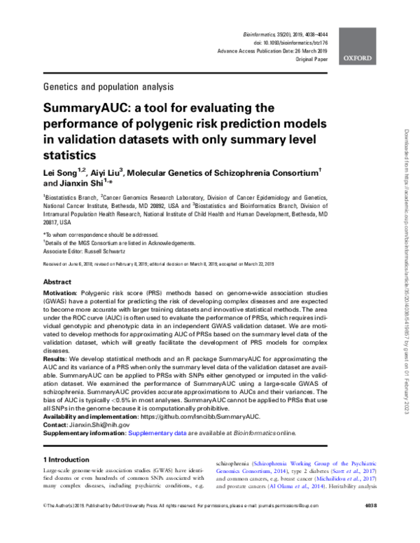 (PDF) SummaryAUC: a tool for evaluating the performance of polygenic ...