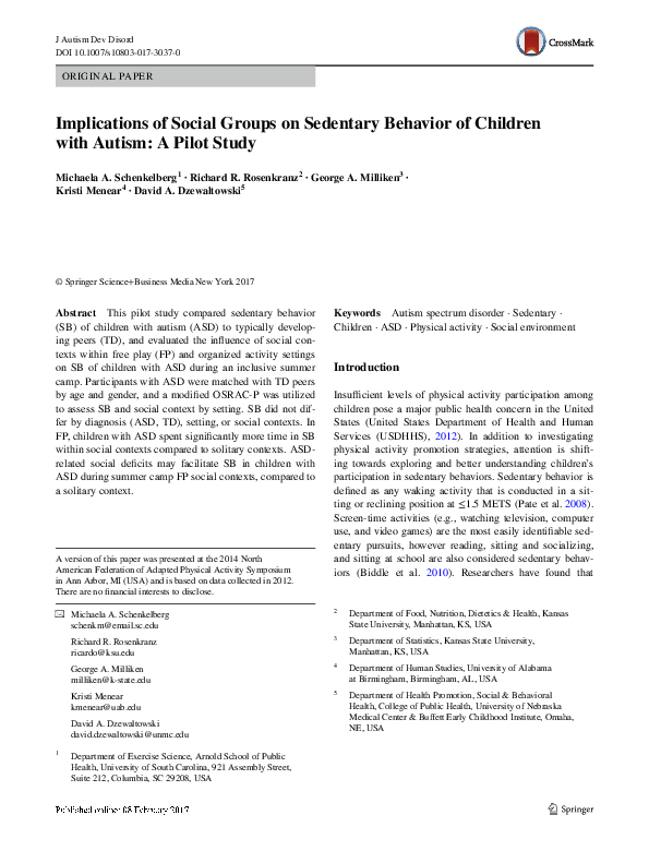 (PDF) Implications of Social Groups on Sedentary Behavior of Children with Autism: A Pilot Study