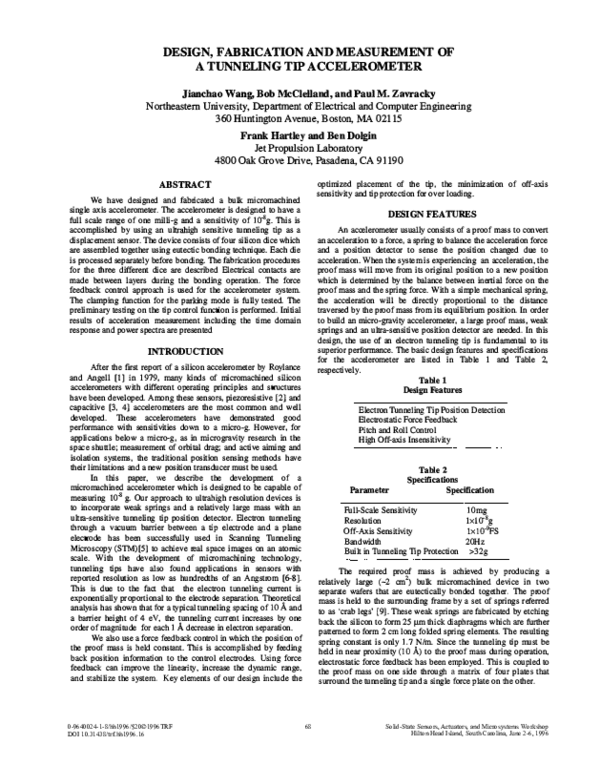 (PDF) Design, Fabrication and Measurement of a Tunneling Tip Accelerometer