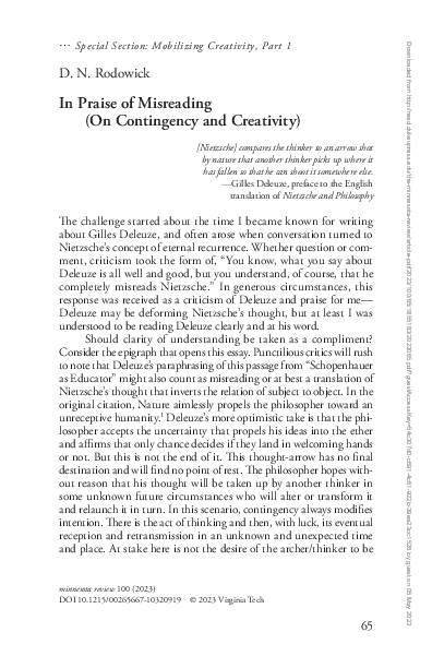 (PDF) In Praise of Misreading (On Contingency and Creativity)