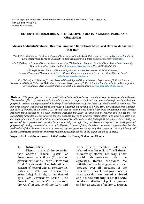 (PDF) The constitutional roles of local governments in Nigeria: issues ...
