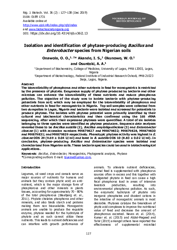 Pdf Isolation And Identification Of Phytase Producing Bacillus And