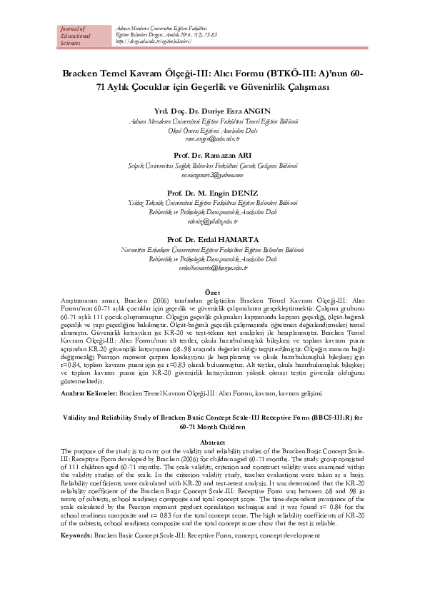 (PDF) Validity and Reliability Study of Bracken Basic Concept Scale-III ...