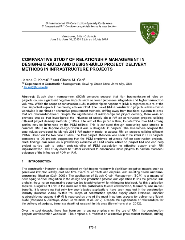 (PDF) Comparative study of relationship management in design-bid-build project delivery methods ...