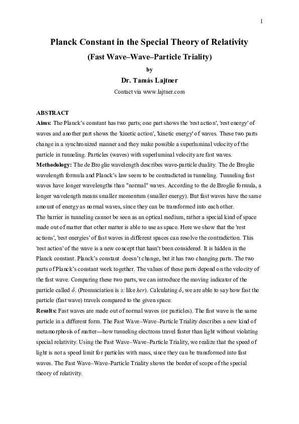 (PDF) Planck Constant in the Special Theory of Relativity (Fast Wave–Wave–Particle Triality ...