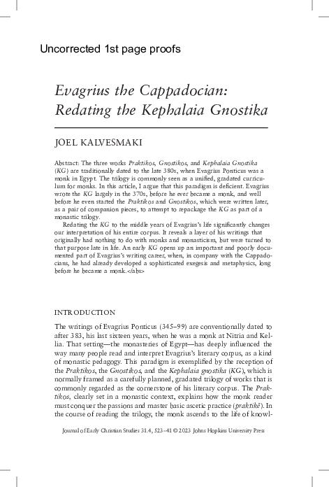 (PDF) Evagrius the Cappadocian: Redating the Kephalaia Gnostika