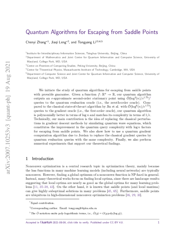 (PDF) Quantum algorithms for escaping from saddle points