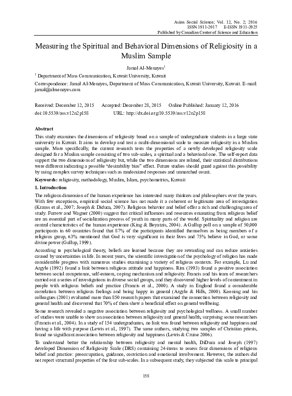 (PDF) Measuring the Spiritual and Behavioral Dimensions of Religiosity ...