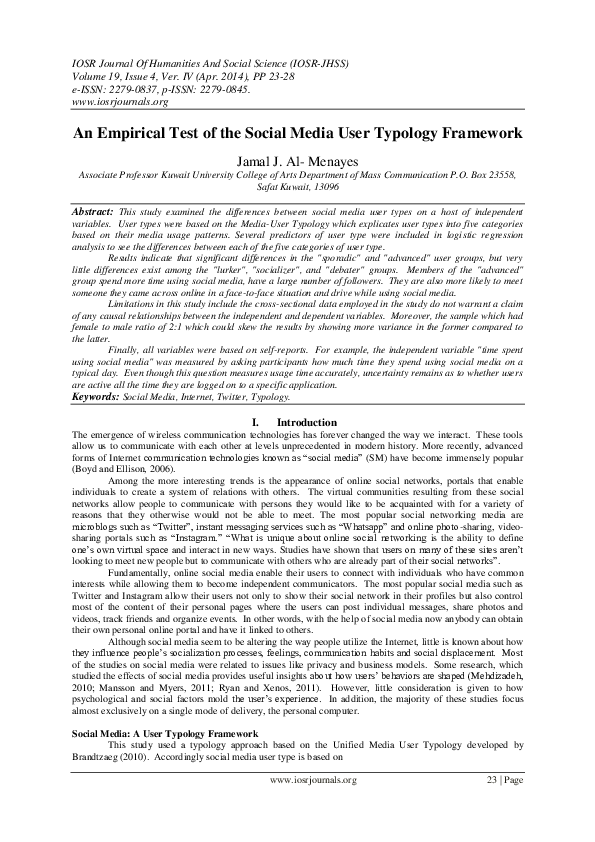 (PDF) An Empirical Test of the Social Media User Typology Framework