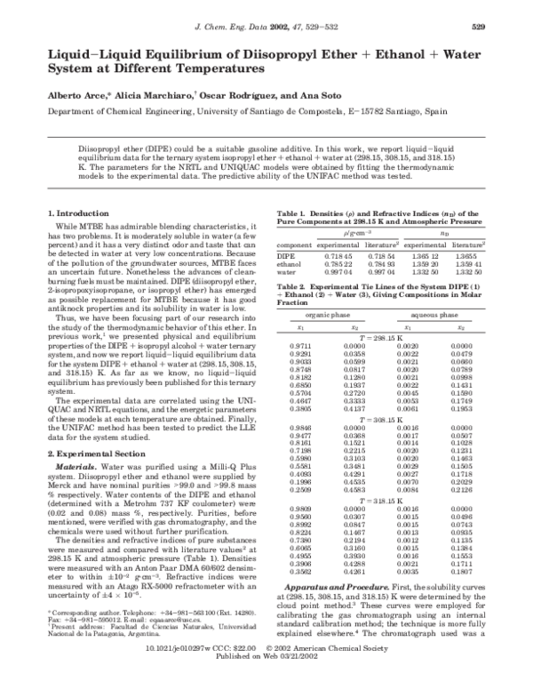 (PDF) Liquid−Liquid Equilibrium of Diisopropyl Ether + Ethanol + Water ...