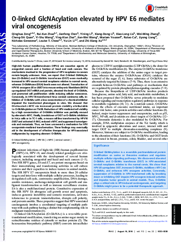 (PDF) O-linked GlcNAcylation elevated by HPV E6 mediates viral oncogenesis