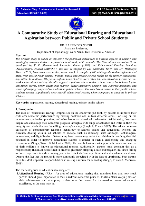 (PDF) A Comparative Study of Educational Rearing and Educational Aspiration between Public and ...
