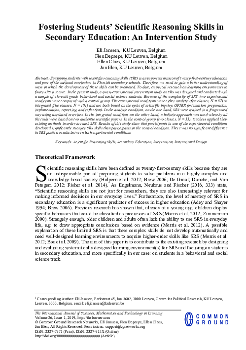(PDF) Fostering Students’ Scientific Reasoning Skills in Secondary Education: An Intervention Study