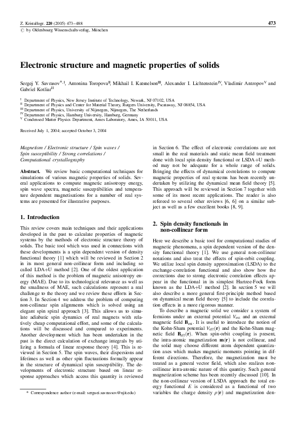 (PDF) Electronic structure and magnetic properties of solids