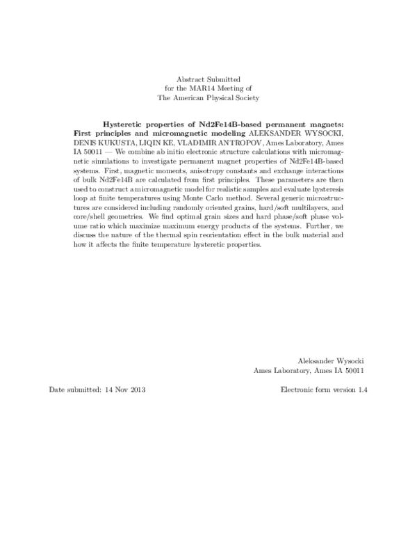(PDF) Hysteretic properties of Nd2Fe14B-based permanent magnets: First ...