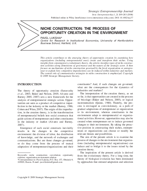 (PDF) Niche construction: The process of opportunity creation in the ...