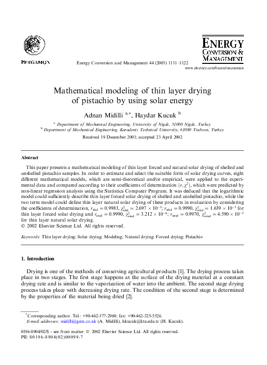 (PDF) Mathematical modeling of thin layer drying of pistachio by using solar energy