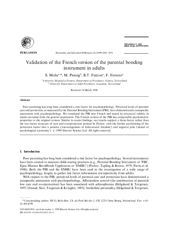 (PDF) Validation of the French version of the parental bonding ...