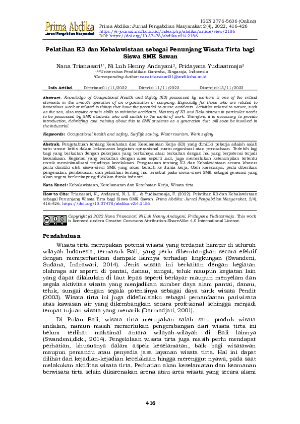 (PDF) Pelatihan K3 dan Kebalawistaan sebagai Penunjang Wisata Tirta bagi Siswa SMK Sawan