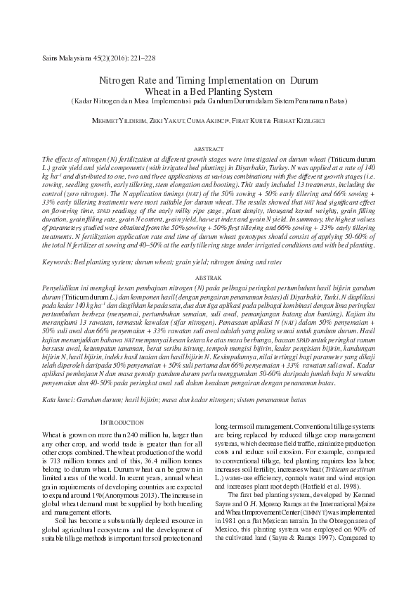 (PDF) Nitrogen Rate and Timing Implementation on Durum Wheat in a Bed ...