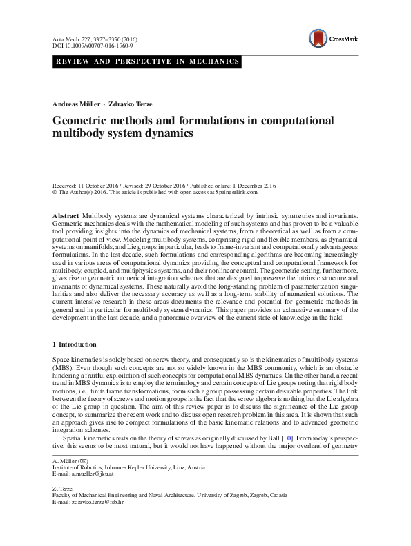 (PDF) Geometric methods and formulations in computational multibody system dynamics