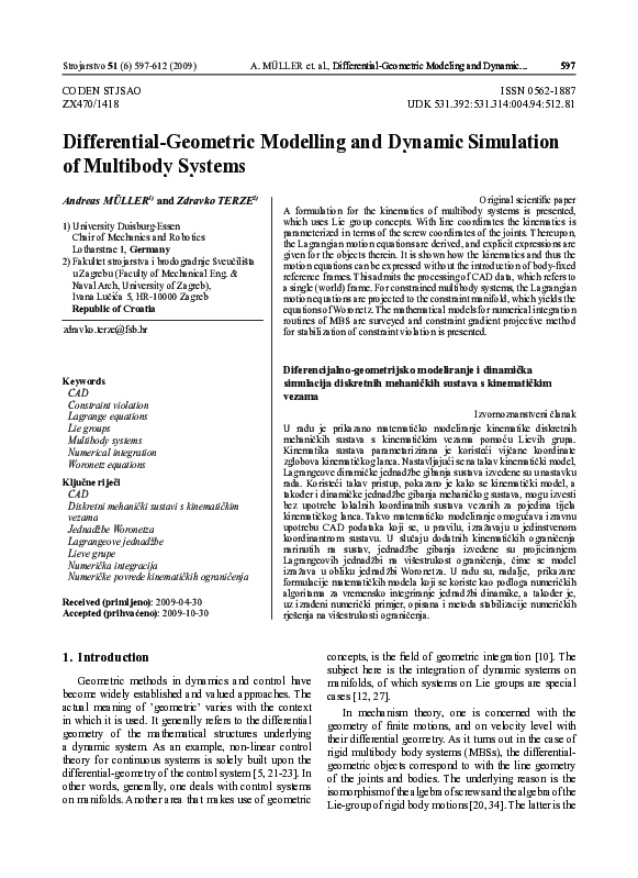 (PDF) Differential-geometric modelling and dynamic simulation of multibody systems