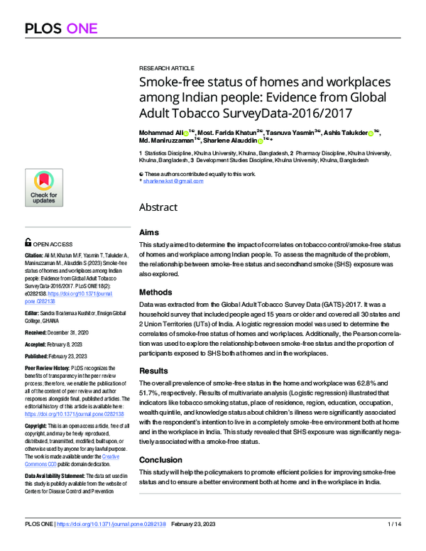 (PDF) Smoke-free status of homes and workplaces among Indian people ...
