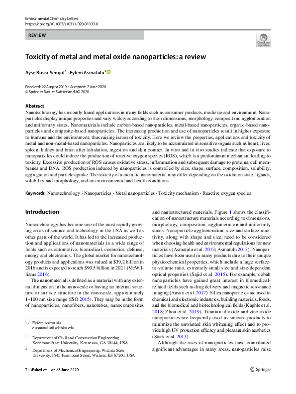(PDF) Toxicity of metal and metal oxide nanoparticles
