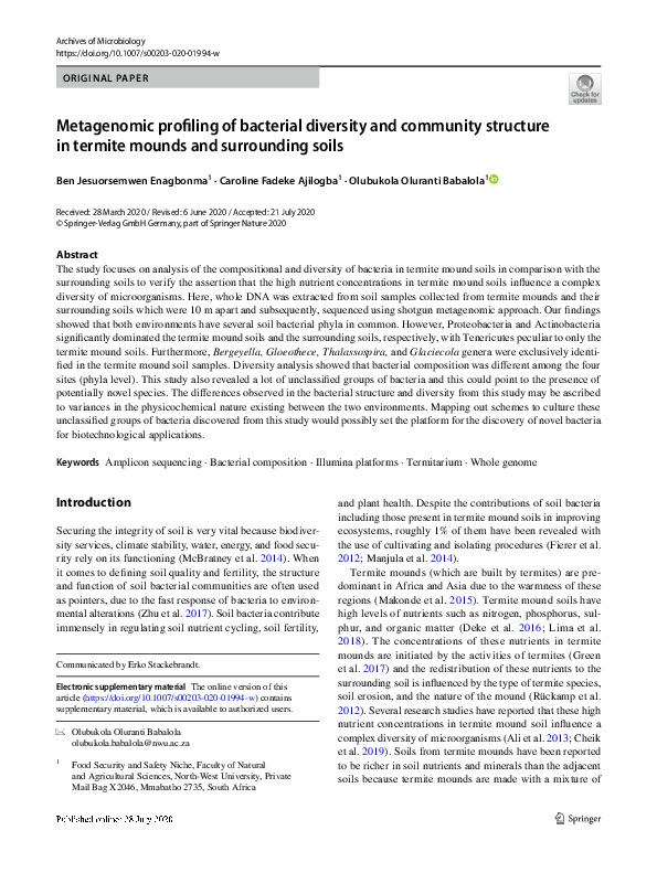 (PDF) Metagenomic profiling of bacterial diversity and community structure in termite mounds and ...