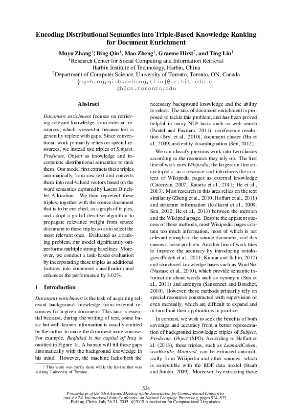 (PDF) Encoding Distributional Semantics into Triple-Based Knowledge Ranking for Document Enrichment