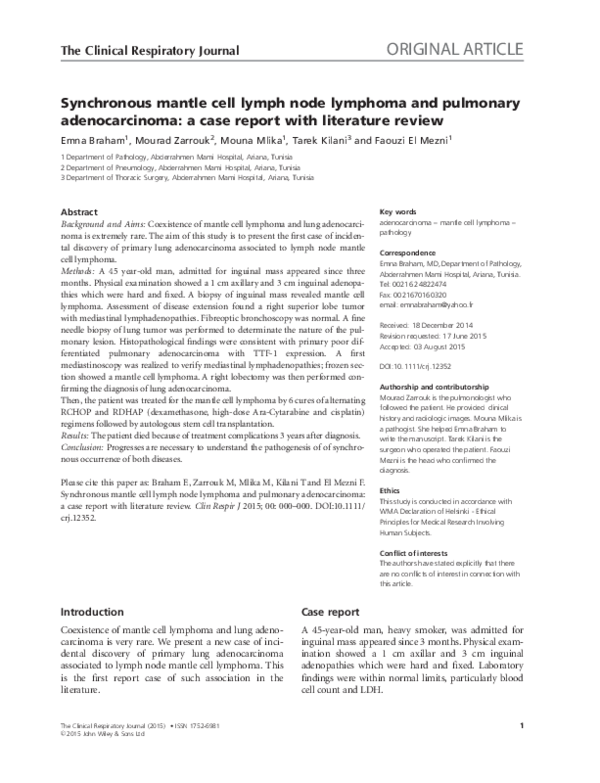 (PDF) Synchronous mantle cell lymph node lymphoma and pulmonary ...