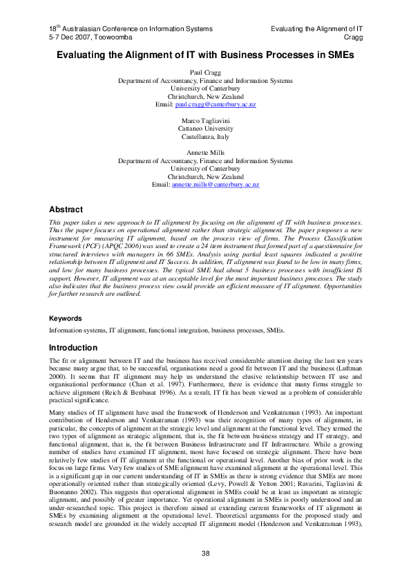 (PDF) Evaluating the Alignment of IT with Business Processes in SMEs