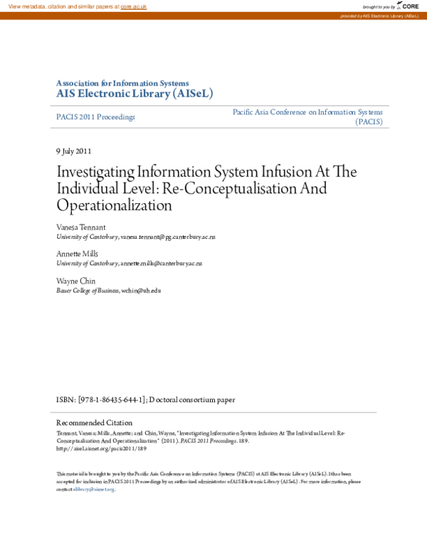 (PDF) Investigating Information System Infusion At The Individual Level ...