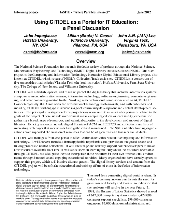 (PDF) PANEL on: Using CITIDEL as a Portal for IT Education
