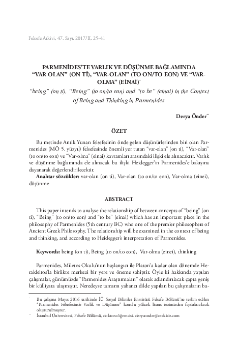 (PDF) Parmenides’te Varlık ve Düşünme Bağlamında “Var Olan” (On Ti ...