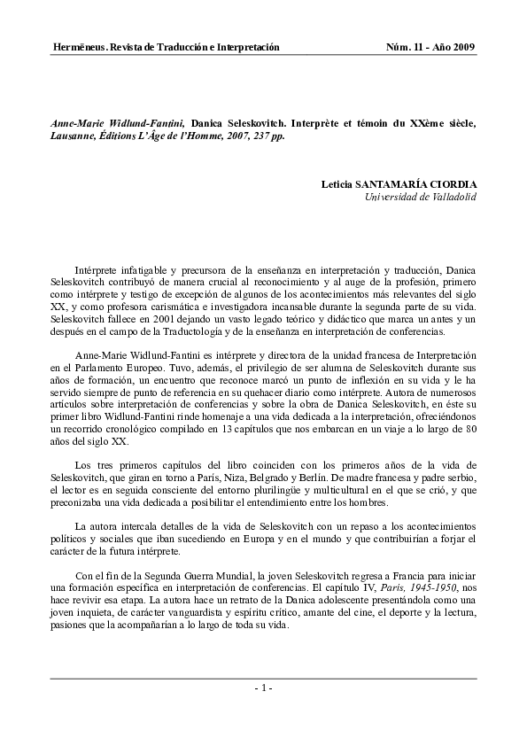 (PDF) Anne-Marie Widlund-Fantini , Danica Seleskovitch. Interprète et ...