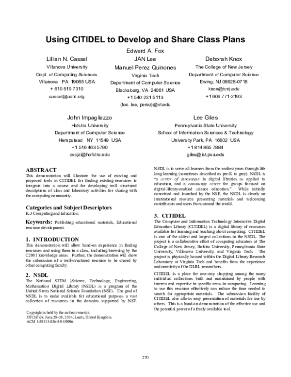 (PDF) Using CITIDEL to develop and share class plans