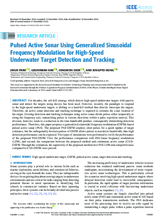 (PDF) Pulsed Active Sonar Using Generalized Sinusoidal Frequency Modulation for High-Speed ...