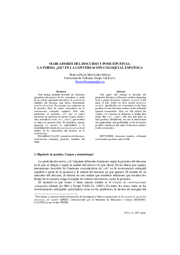 (PDF) Marcadores del discurso y posición final: la forma ¿eh? en la ...