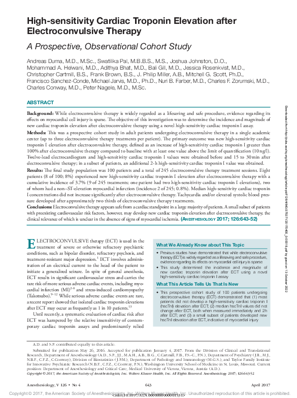 (PDF) High-sensitivity Cardiac Troponin Elevation after Electroconvulsive Therapy: A Prospective ...